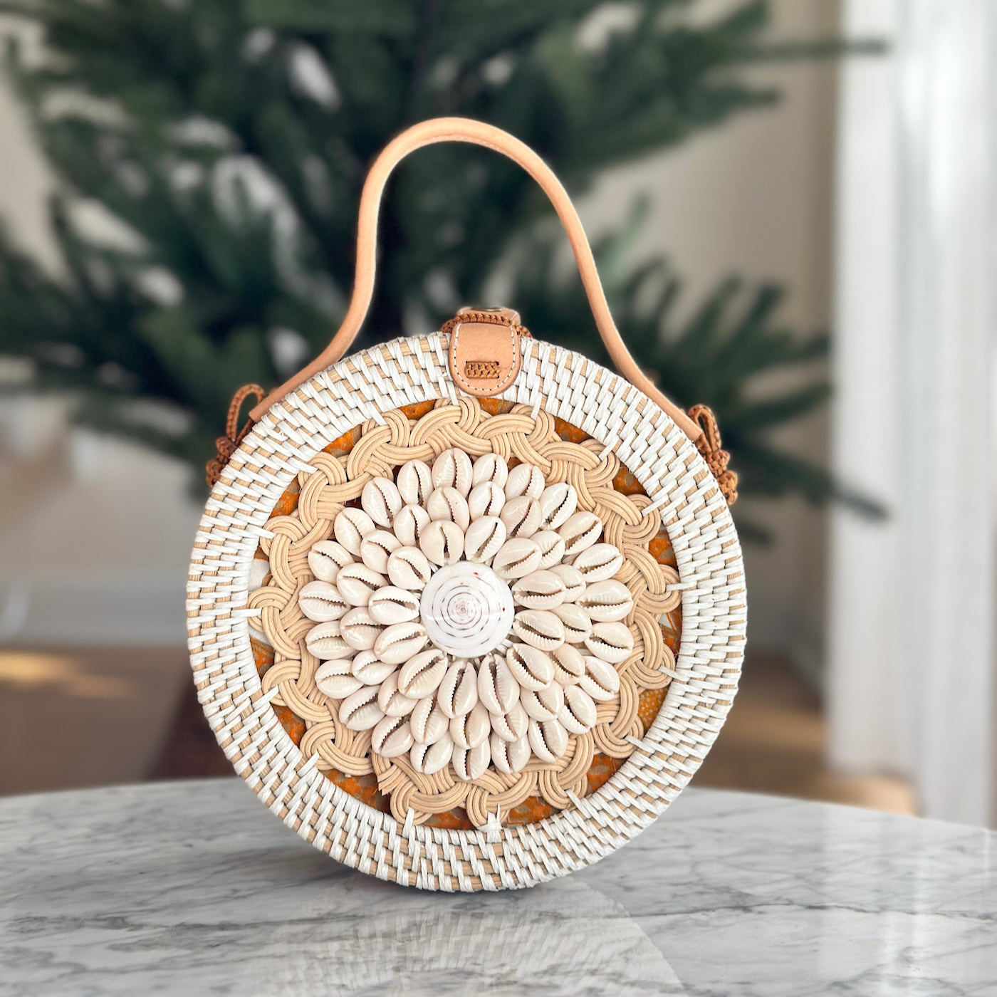 Bali Round Rattan Bag with Seashell Embellishment by Ganapati Crafts Co.